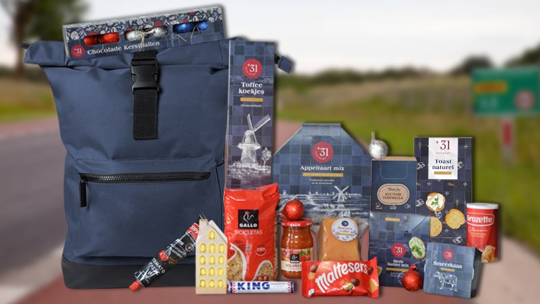 Kerstpakket Fietstas met Hollandse producten - Kerstpakketten123.nl